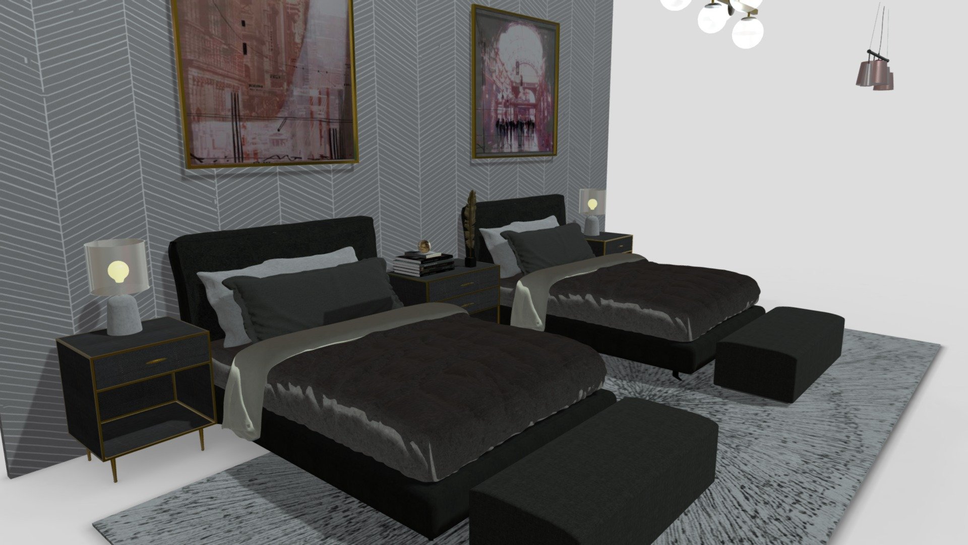 Master bedroom with headboard, 2 beds - Download Free 3D model by ...