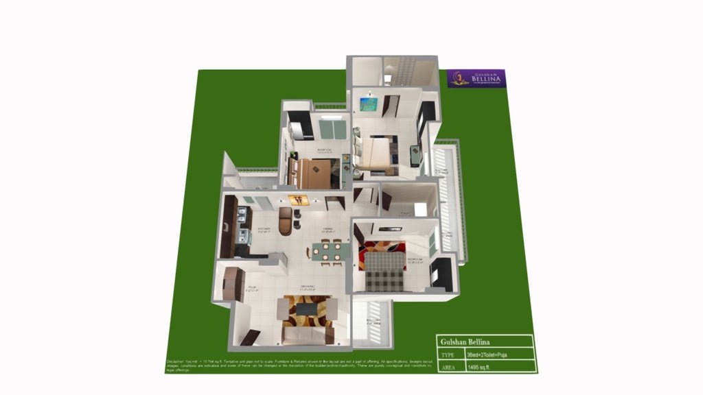 Gulshan Bellina - 1495 sq.ft. - 3D model by vinayak [fdde252] - Sketchfab